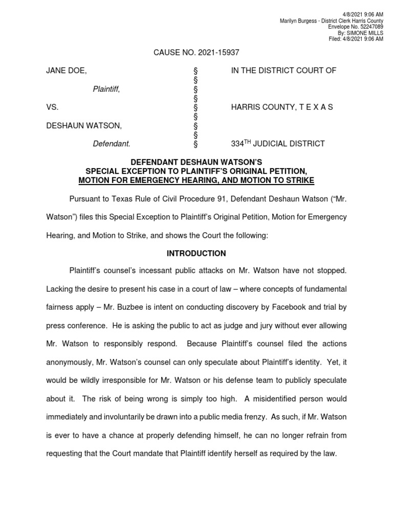 Defendant Deshaun Watson's Special Exception To Plaintiff's Original ... Defendant Deshaun Watson's Special Exception To Plaintiff's Original ...