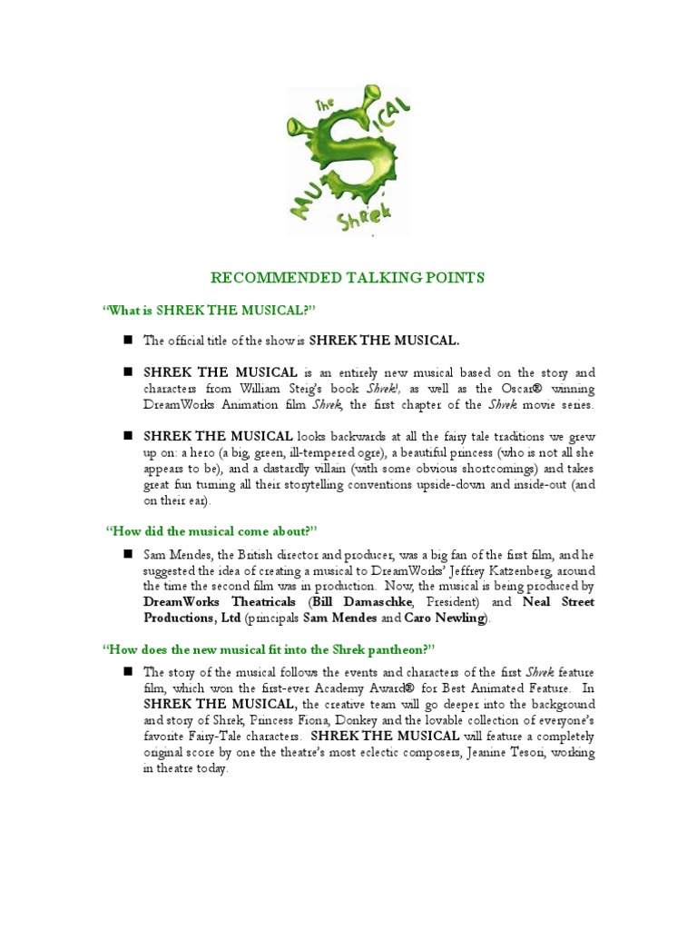 An Introduction to Shrek the Musical: Recommended Talking Points About ...