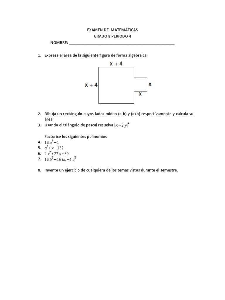 EXAMEN DE MATEMÁTICAS 8 Periodo 4 | PDF | Métodos y materiales de ...