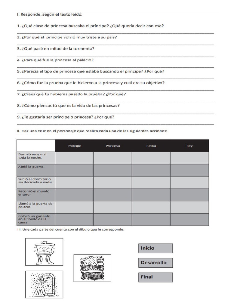 Comprensión Lectora La Princesa y El Guisante. | PDF