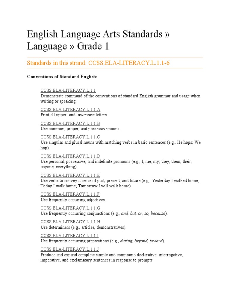 English Language Arts Standards Language Grade 1: Standards in This ...