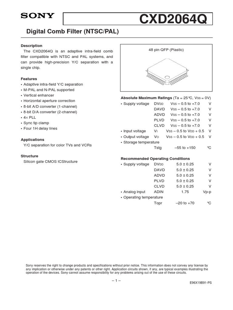CXD2064Q: Digital Comb Filter (NTSC/PAL) | PDF | Analog To Digital ...