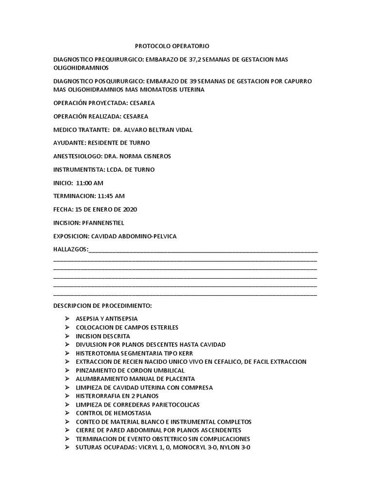 Protocolo Operatorio Cesarea | PDF | Relaciones personales, crianza y desarrollo personal ...