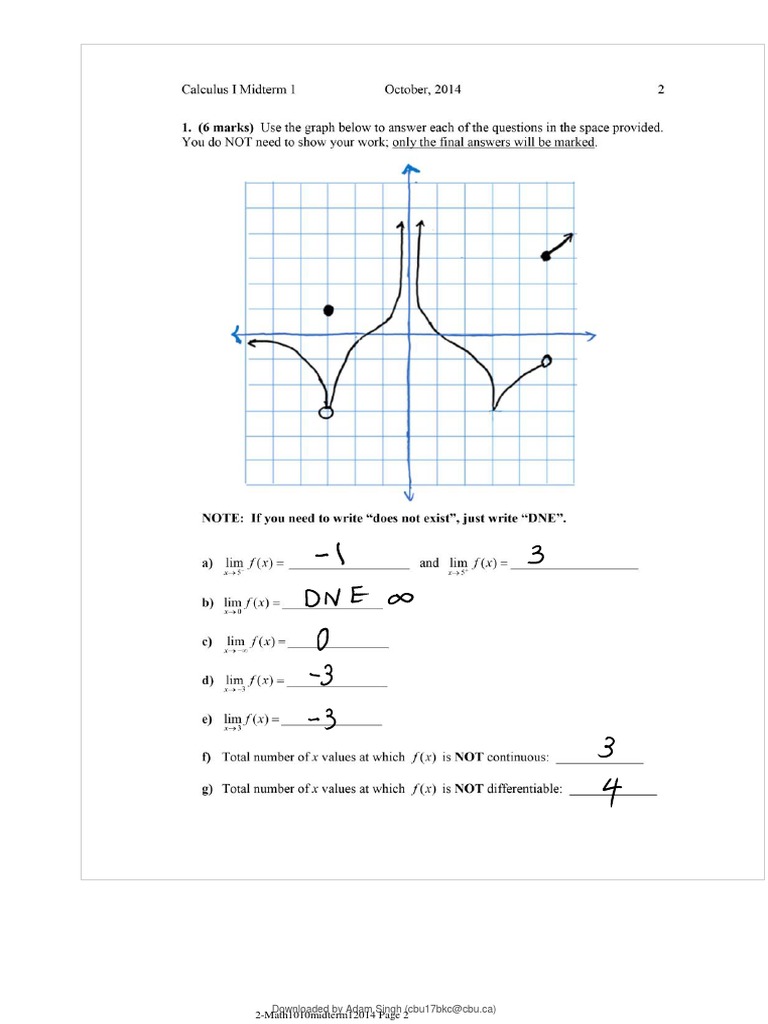 MATH 1010U - Calculus I - Exam 2 October 2014, Questions and Answers ...