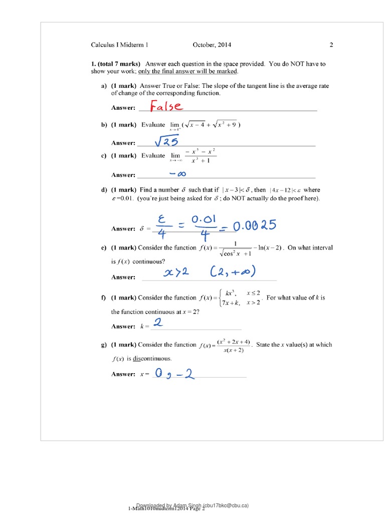 MATH 1010U - Calculus I - Midterm Exam 1 Solutions (Yellow and Green ...