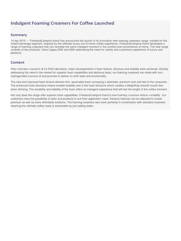 Indulgent Foaming Creamers For Coffee Launched | PDF | Cooking, Food & Wine