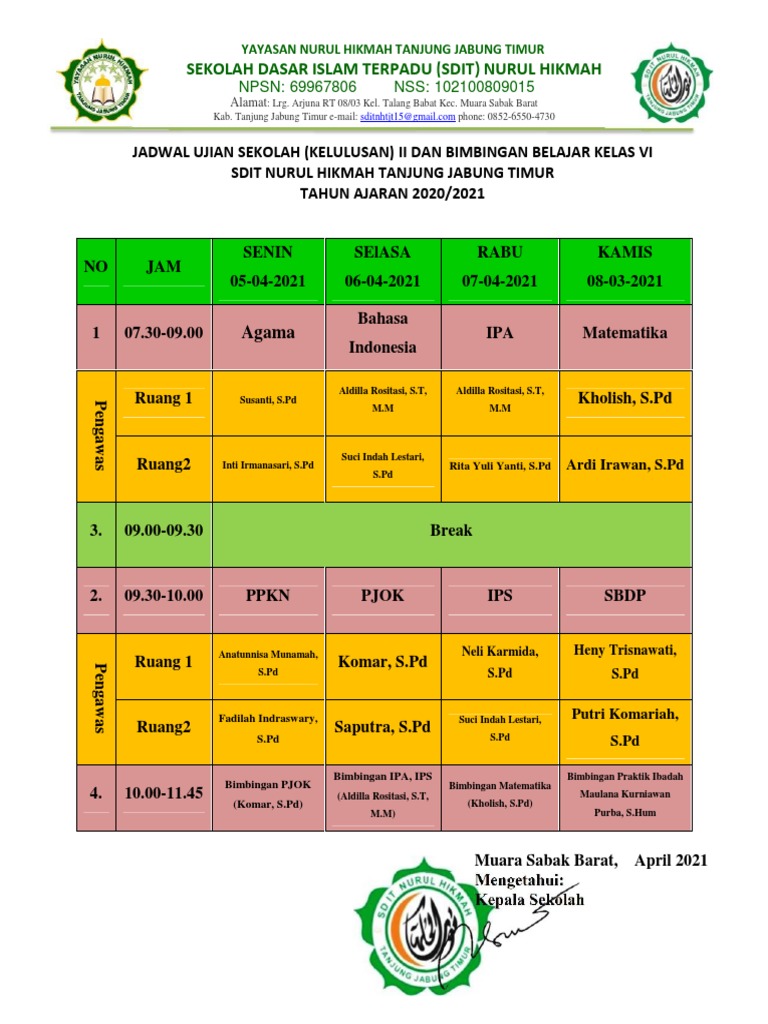 Jadwal & Pengawas Ujian Sekolah (Kelulusan) Kelas VI 2020-2021 (Tertulis) | PDF