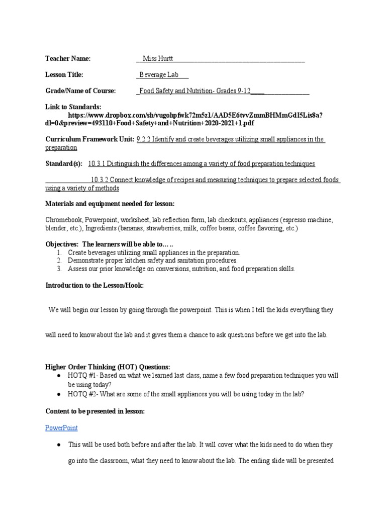 Beverage Lab Lesson Plan | PDF | Drink | Foods