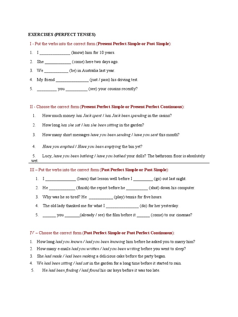 Perfect Tenses Exercises Worksheet | PDF | Language Arts & Discipline