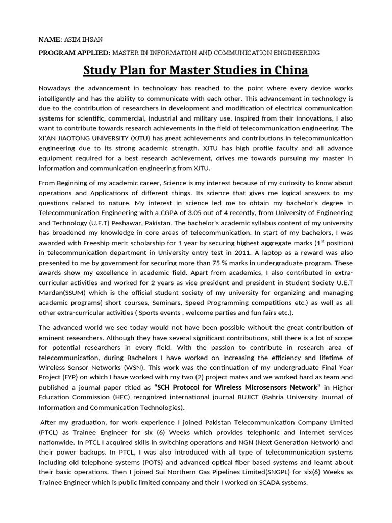 Study Plan For Master Studies in China | PDF | Telecommunication ...