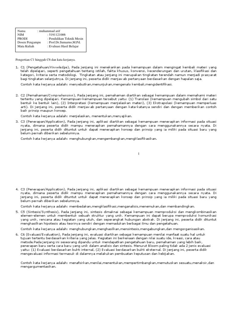 TR Evaluasi Hasil Belajar. c1 - c6 Dan Mencari Contoh Soal. | PDF