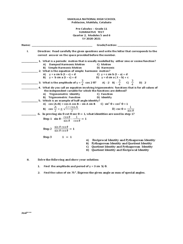 Summative Test Pre Calculus Q2 Modules 5 and 6 | PDF | Trigonometric ...