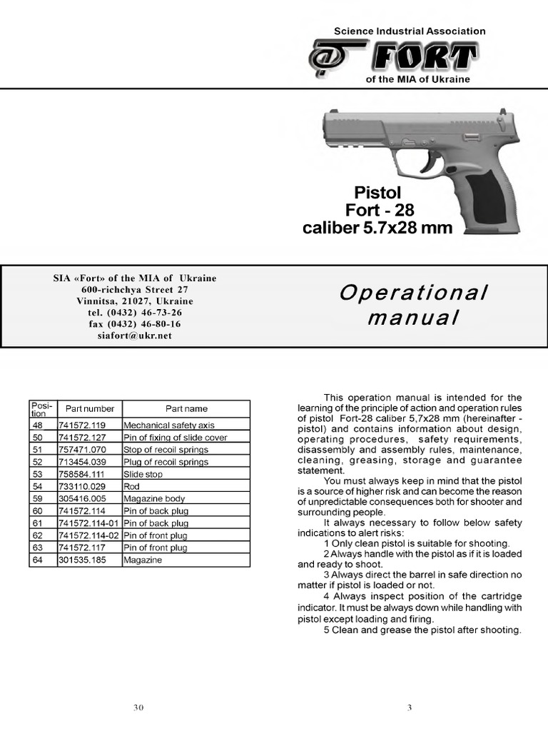 Operational Manual: Pistol Fort - 28 Caliber 5.7x28 MM | PDF | Magazine ...