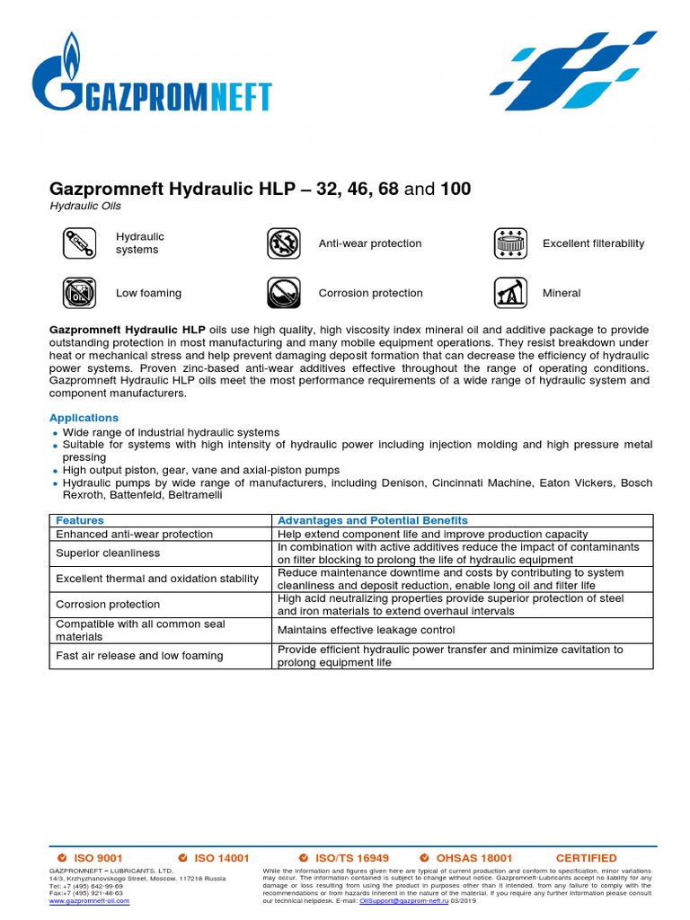 Gazpromneft Hydraulic HLP Oils Overview | PDF | Chemical Engineering ...