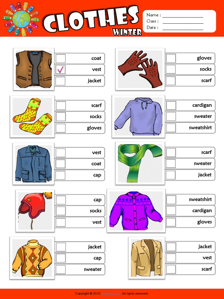 Winter Clothes Esl Vocabulary Multiple Choice Worksheet For Kids | PDF
