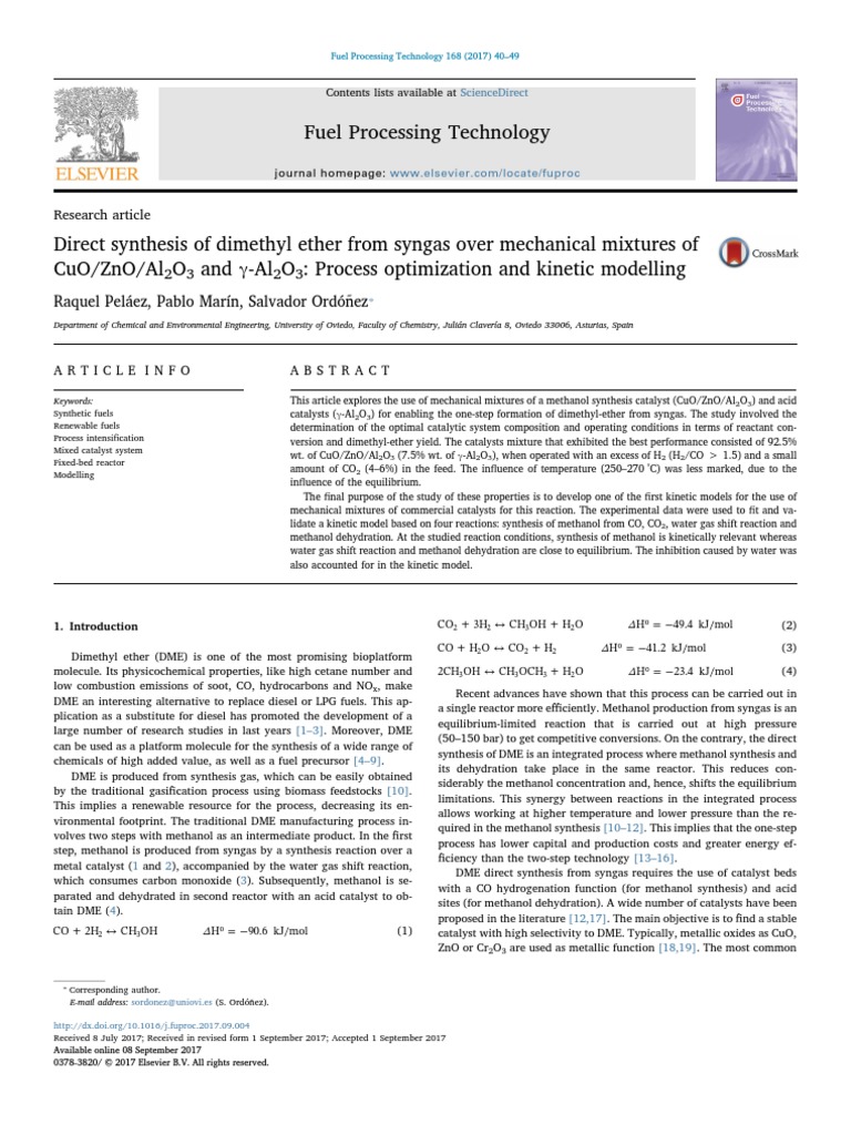 Direct synthesis of dimethyl ether from syngas over mechanical mixtures ...