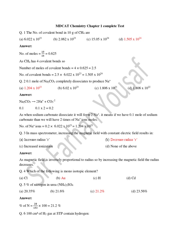 MDCAT Chemistry Chapter 1 Complete Test | PDF | Mole (Unit) | Isotope