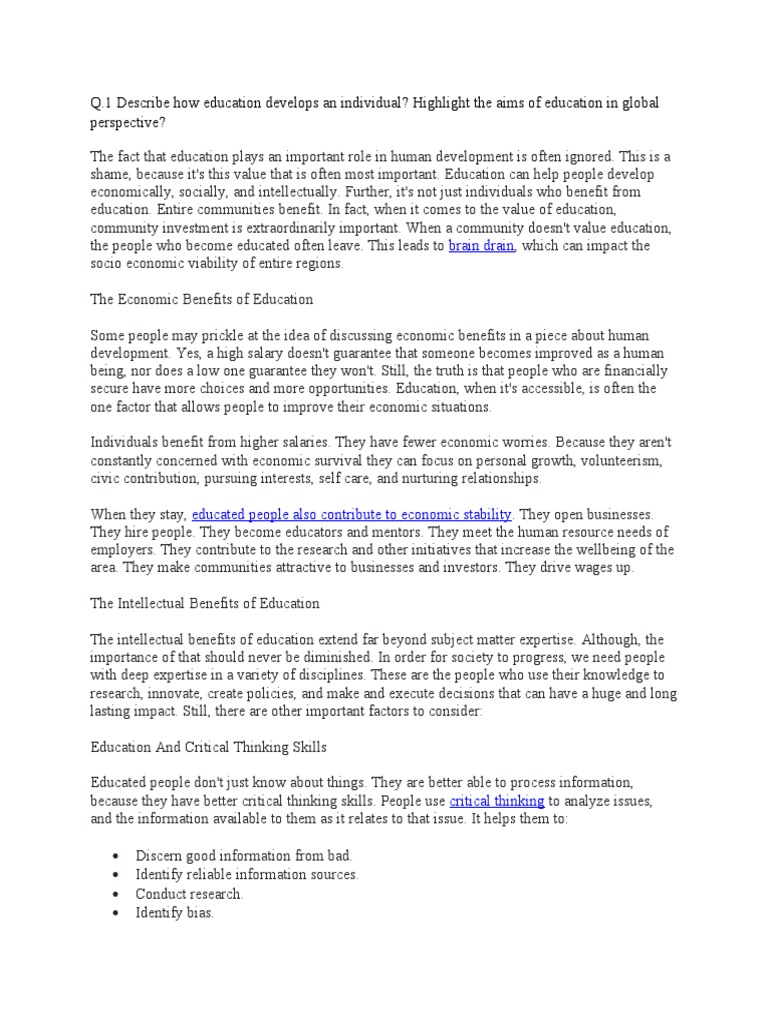 Q.1 Describe How Education Develops An Individual? Highlight The Aims ...