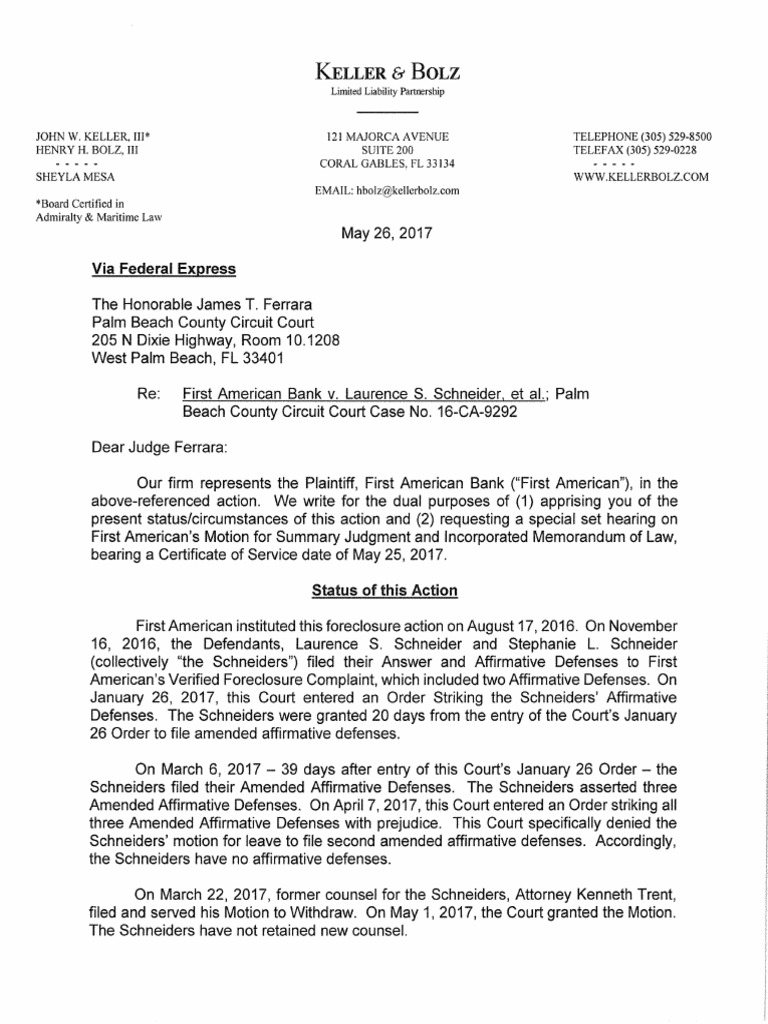 Letter From Bolz To Judge James Ferrara, Misrepresenting The Status of ...
