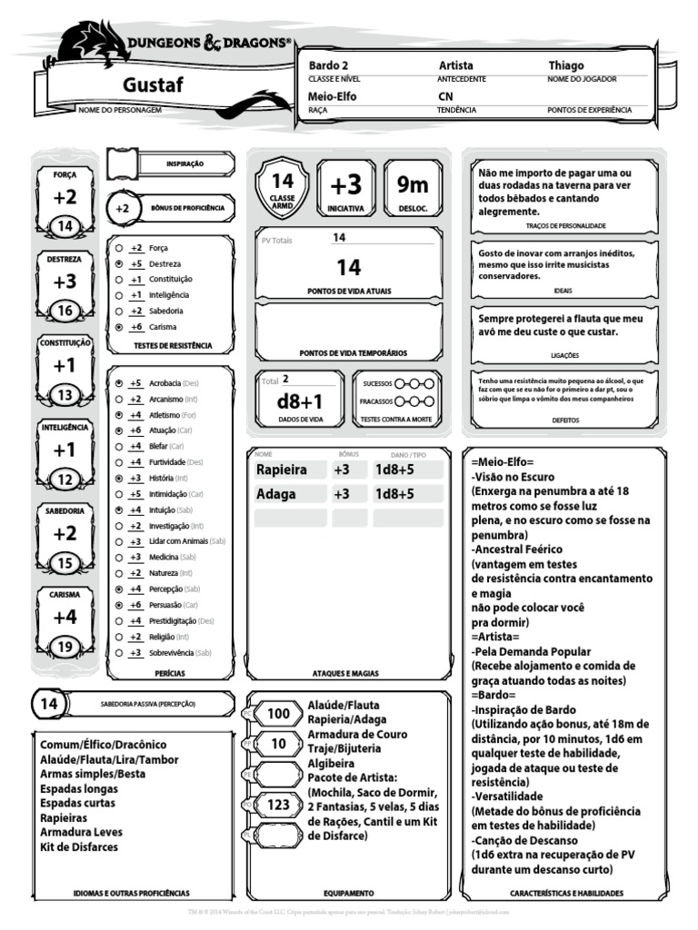 Ficha Gustaf - Meio Elfo Bardo 2 | PDF | Lazer