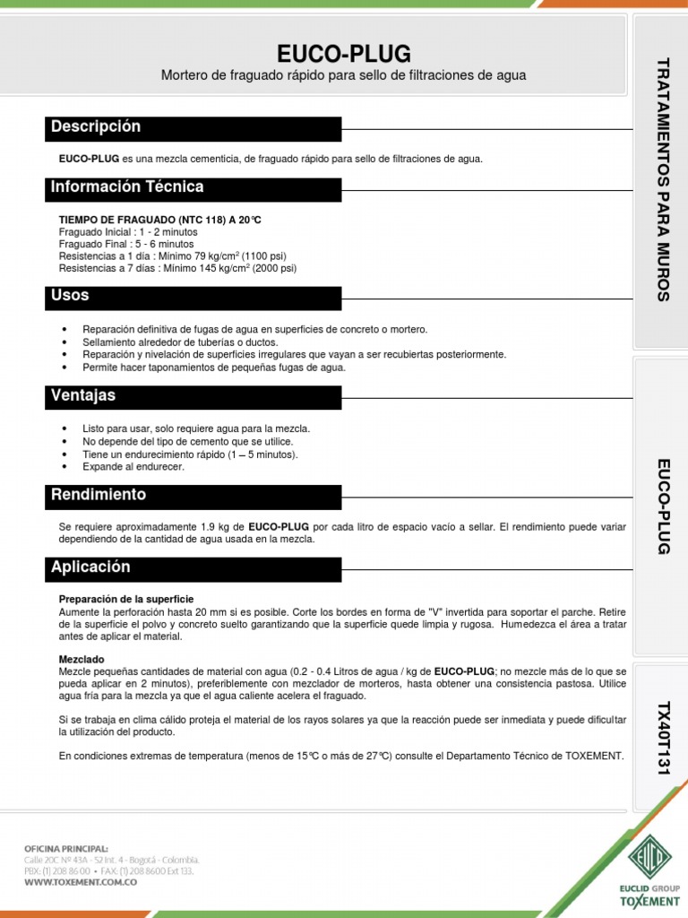 Eucoplug Toxement | PDF | Hormigón | Agua