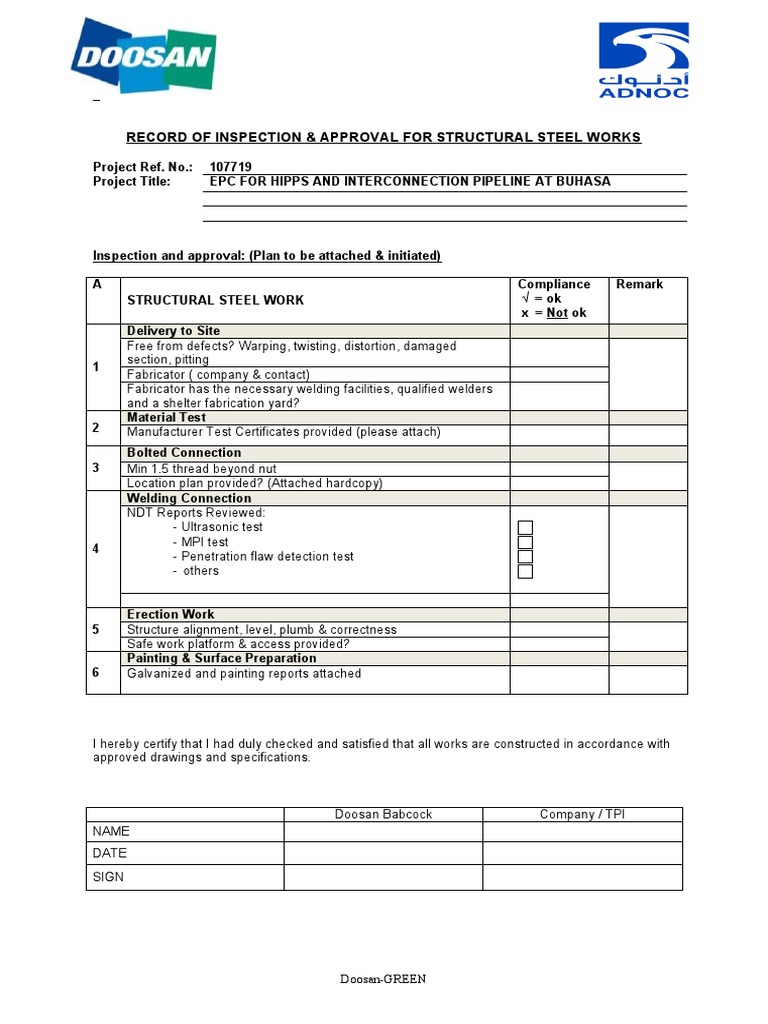 Structural Steel Work Check List | PDF