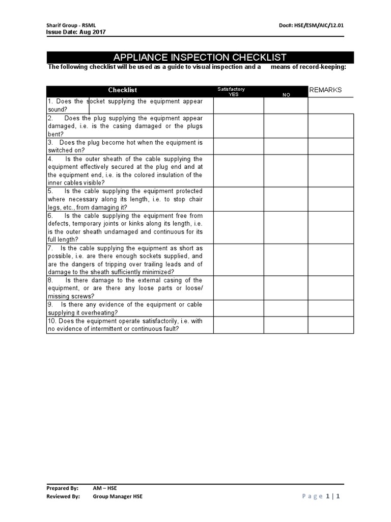 12.01 Appliance Inspection Checklist | PDF