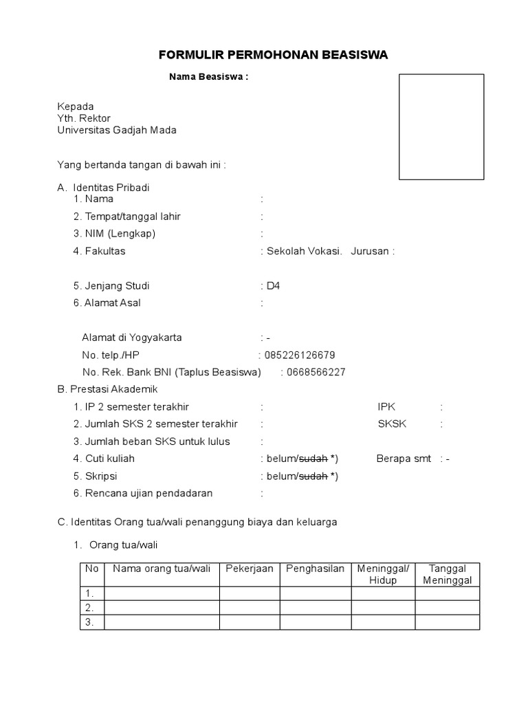 Formulir Permohonan Beasiswa Dan Surat Rekomendasi | PDF