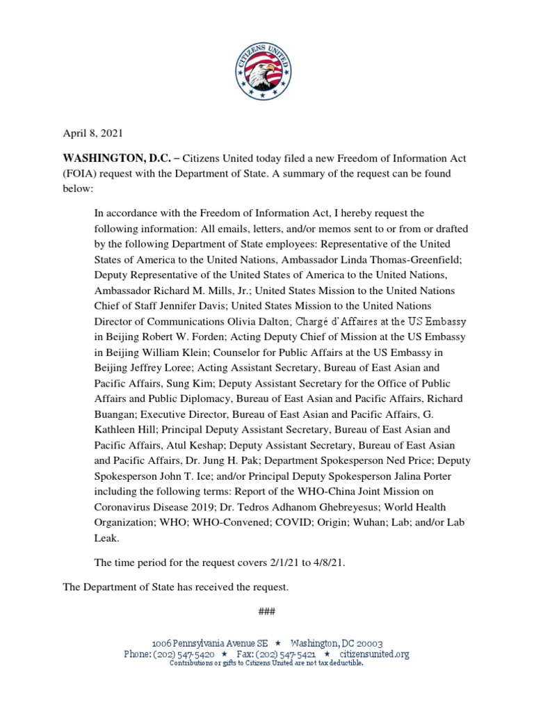 Citizens United Department of State FOIA Request (April 8, 2021) | PDF