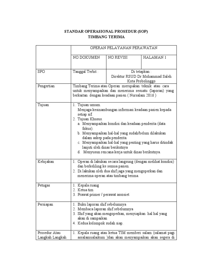 STANDAR OPERASIONAL PROSEDUR (SOP) TIMBANG TERIMA OPERAN PELAYANAN PERAWATAN | PDF
