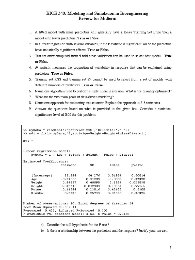 BIOE 340: Modeling and Simulation in Bioengineering Review For Midterm ...