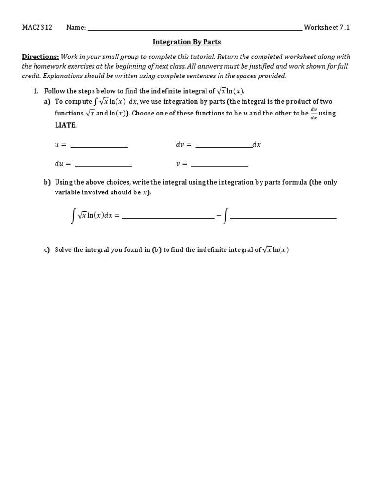 Integration by Parts Worksheet | PDF | Integral | Mathematical Analysis