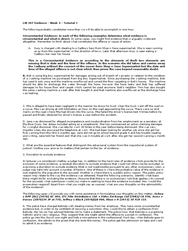 LW 307 Evidence Tutorial | PDF | Arrest | Relevance (Law)