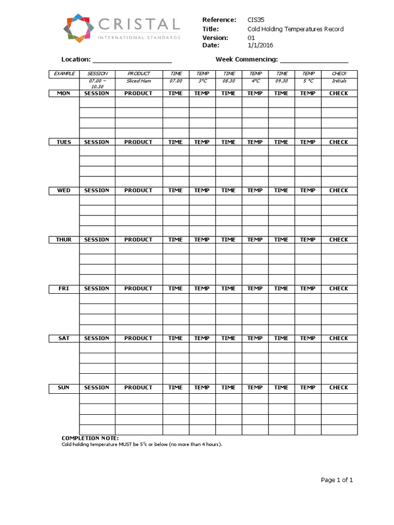 Cold Holding Temperature Log | PDF