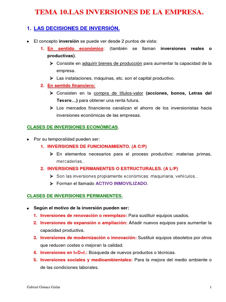 Esquema-Tema-10 - Las Inversiones de La Empresa | PDF | Inversiones ...