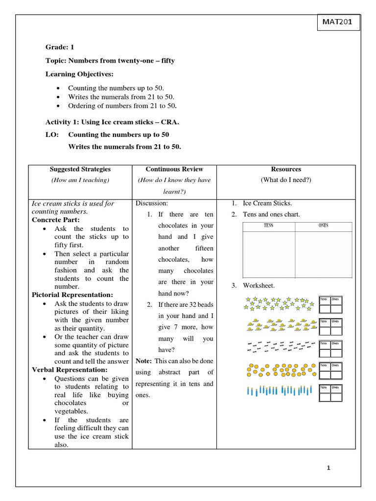 Grade: 1 Topic: Numbers From Twenty-One - Fifty Learning Objectives ...