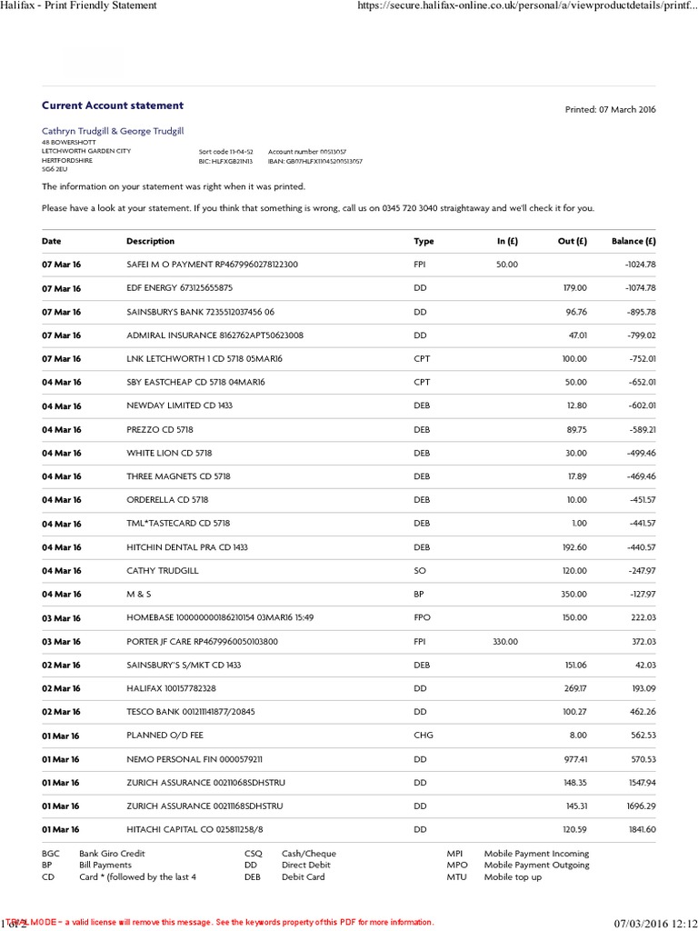 Halifax Print Friendly Statement PDF | PDF | Payments | Cheque