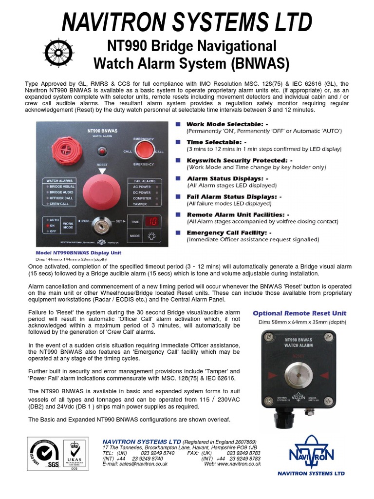 NT990 Bridge Navigational Watch Alarm System (BNWAS) : Navitron Systems ...