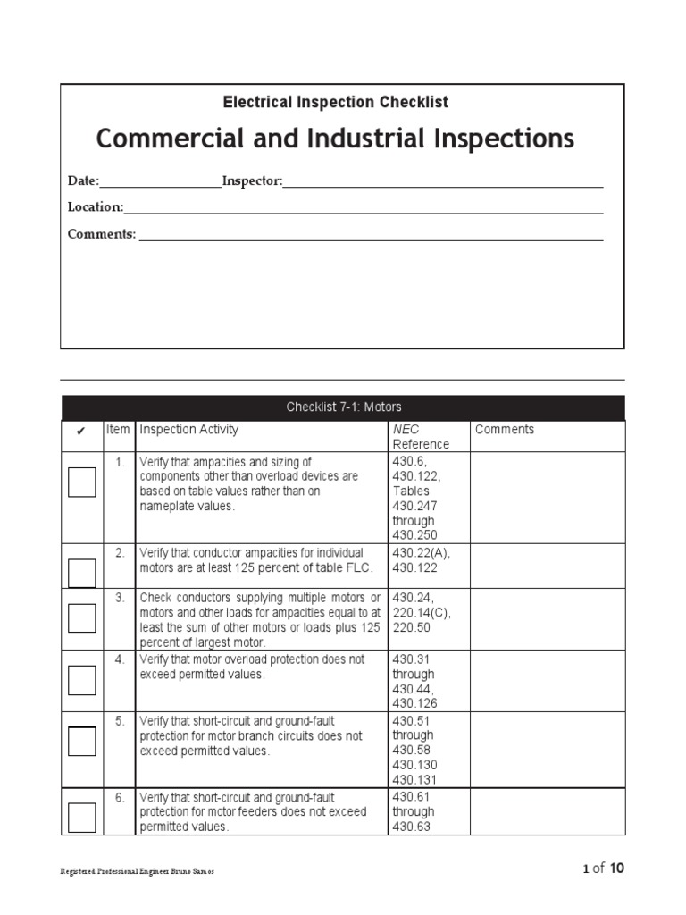 Electrical Inspection Checklist for Motors | PDF | Electrical Wiring ...