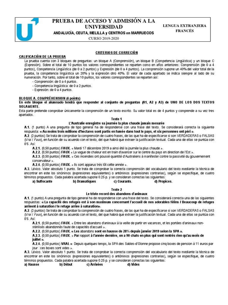 Prueba de Francés A2 en Andalucía | PDF | Comunicación humana ...