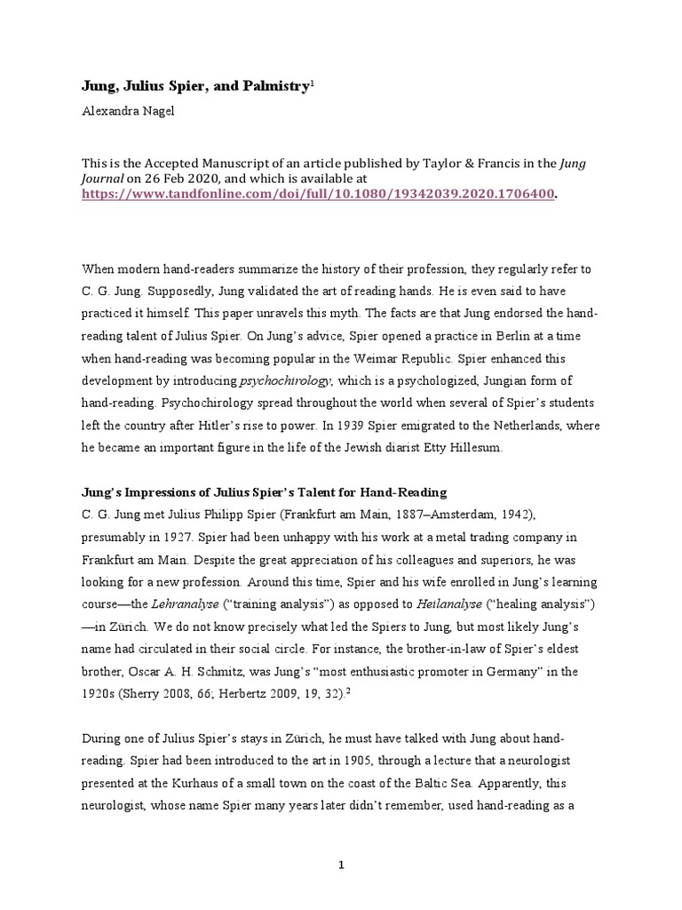 Jung Julius Spier and Palmistry | PDF | Carl Jung | Psychological Concepts