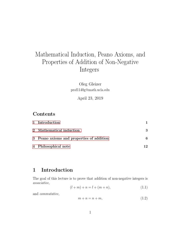 Mathematical Induction, Peano Axioms, and Properties of Addition of Non ...