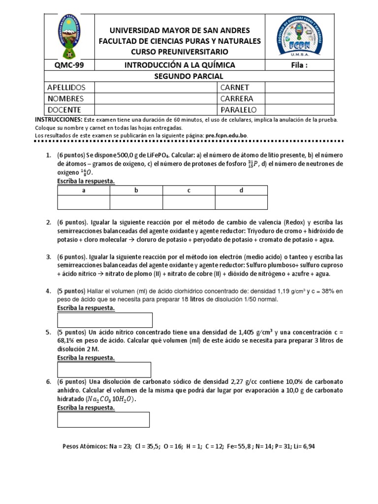 2do Parcial QMC 99 | PDF | Redox | Átomos