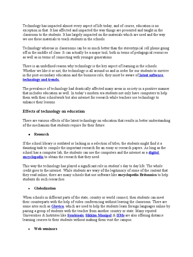 Impact of Technology On Education | PDF | Distance Education | Teachers