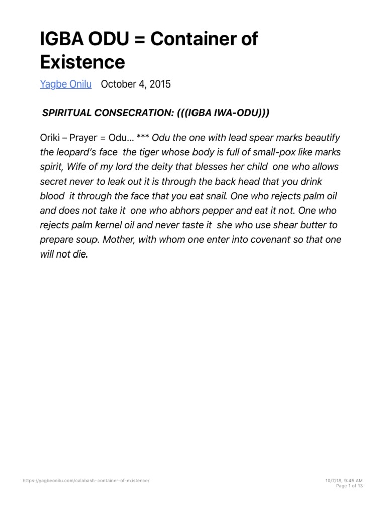 IGBA ODU Container of Existence - Chief Yagbe Awolowo Onilu | PDF ...