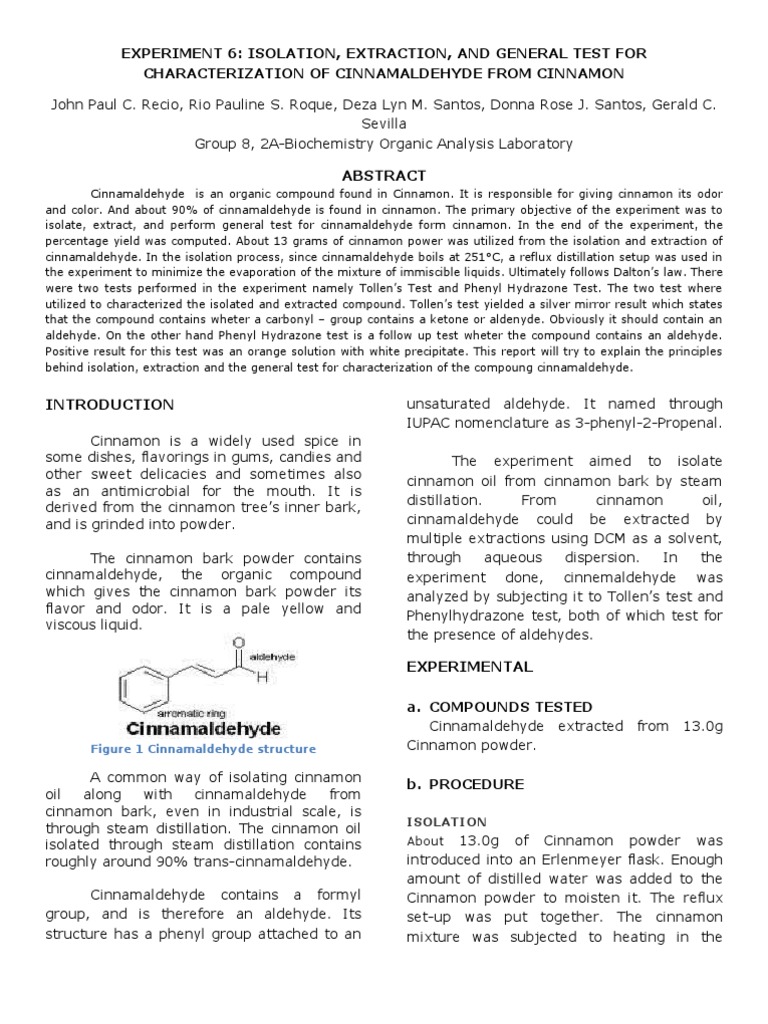 Cinnamaldehyde Isolation and Testing | PDF | Aldehyde | Distillation