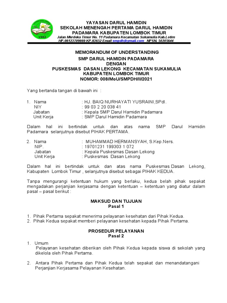 MoU SMP Darul Hamidin | PDF