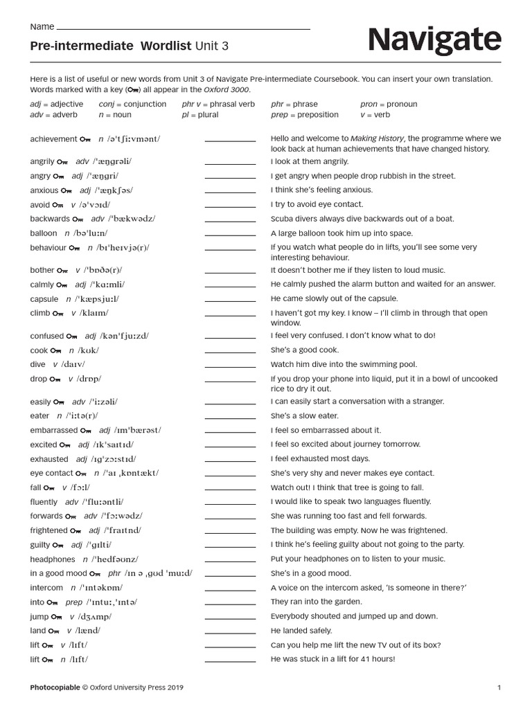Navigate Pre-Intermediate Wordlist Unit 3 | PDF | Verb | Syntactic Relationships