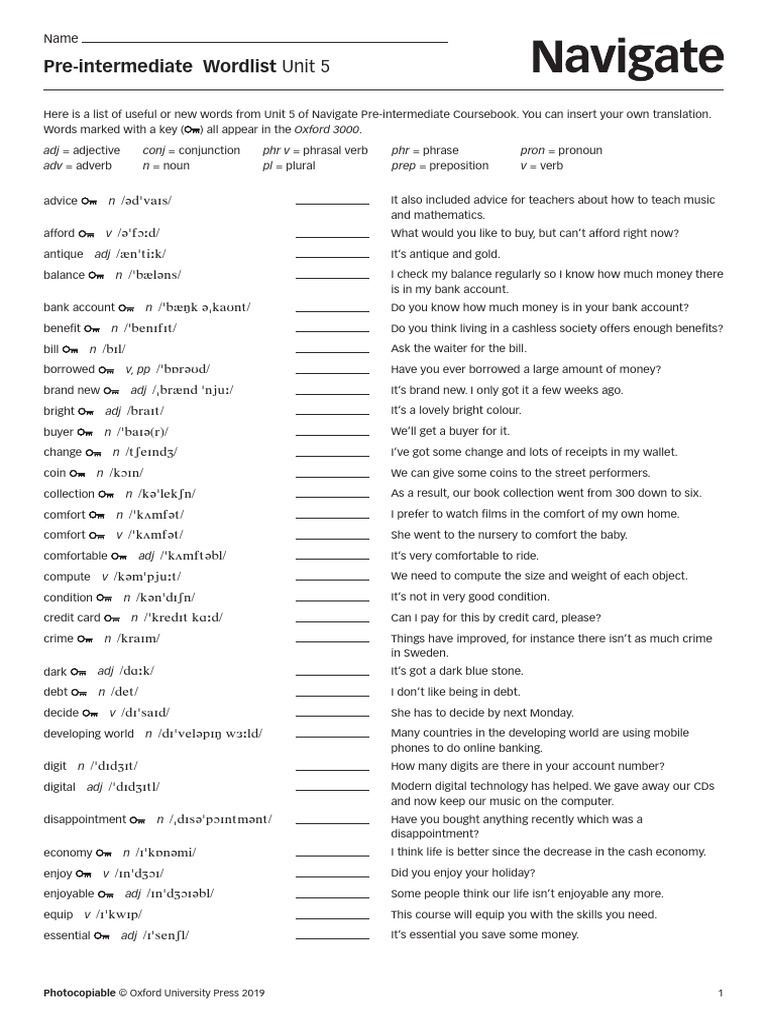 Navigate Pre-Intermediate Wordlist Unit 5 | PDF | Verb | Syntactic ...