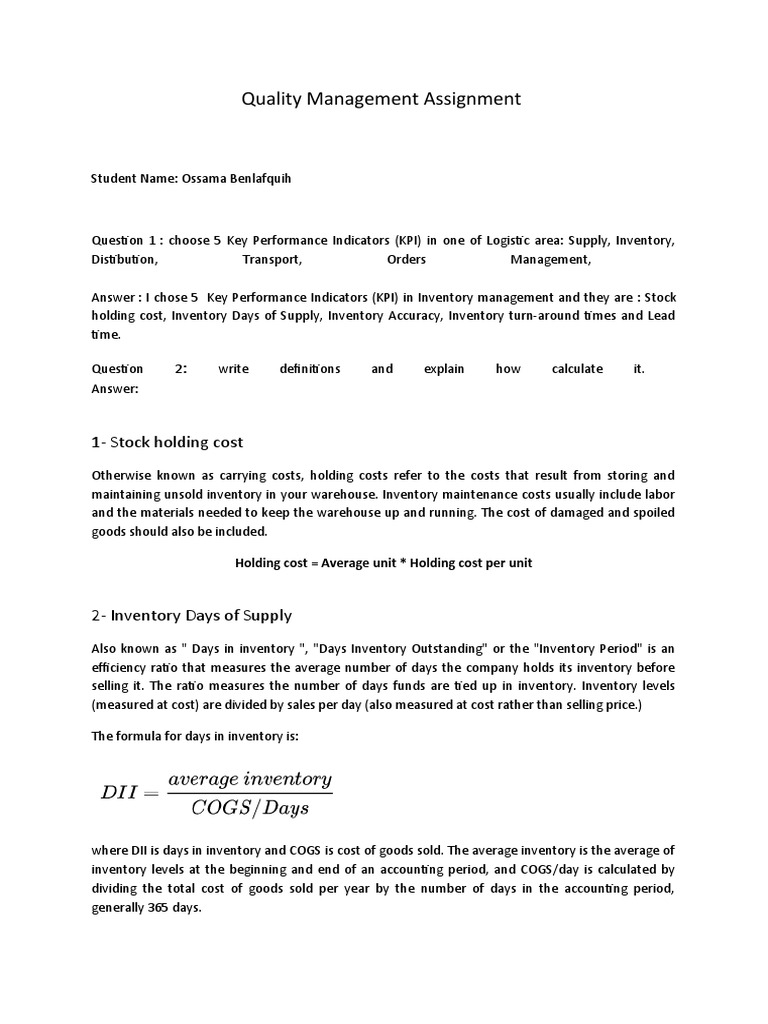 Quality Management Assignment: Holding Cost Average Unit Holding Cost ...